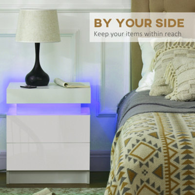 HOMCOM White Bedside Table, High Gloss Front Nightstand w/ LED Light, 2 ...