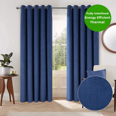 Home Curtains Thermal Interlined Soft Velour 65w x 90d" (165x229cm) Navy Eyelet Curtains (PAIR ...