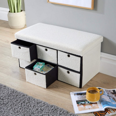HOME SOURCE 6 DRAWER BOUCLE FABRIC FOLDING OTTOMAN 6 DRAWER STORAGE CREAM