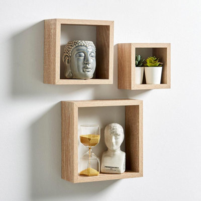 Home Source Berkley Set of 3 Cube Floating Storage Shelves Oak Effect ...