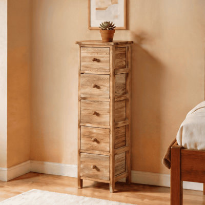 HOME SOURCE CANTERBURY FULLY ASSEMBLED 5 DRAWER NARROW CHEST NATURAL