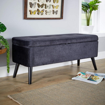 Home Source Carson Buttoned Top Black Velvet Storage Box Ottoman with Legs
