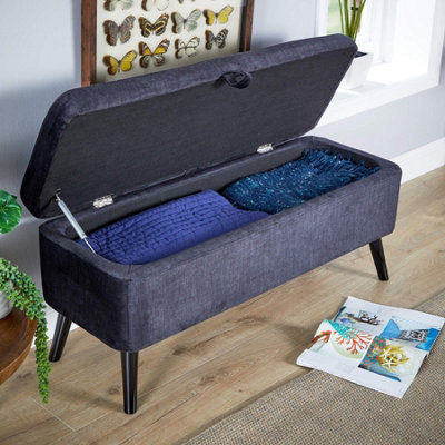 Home Source Carson Buttoned Top Black Velvet Storage Box Ottoman with Legs