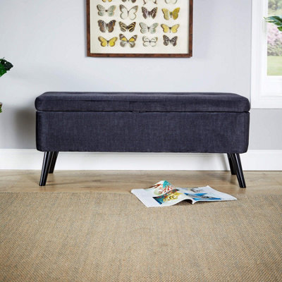 Home Source Carson Buttoned Top Black Velvet Storage Box Ottoman with Legs