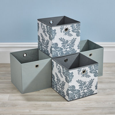 Home Source Fabric Cube Storage Box 4 Pack Mixed Floral Pattern Grey