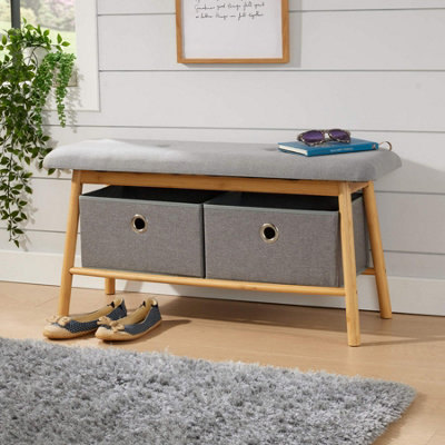 Home Source Jenson Bamboo Grey Padded Storage Bench Hallway Unit with 2 ...