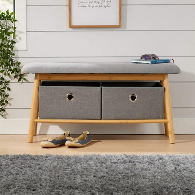 Home Source Jenson Bamboo Grey Padded Storage Bench Hallway Unit with 2 ...