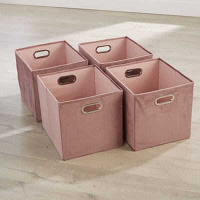 Home Source Large Fabric Cube Storage Box 4 Pack Oval Handle Blush Pink
