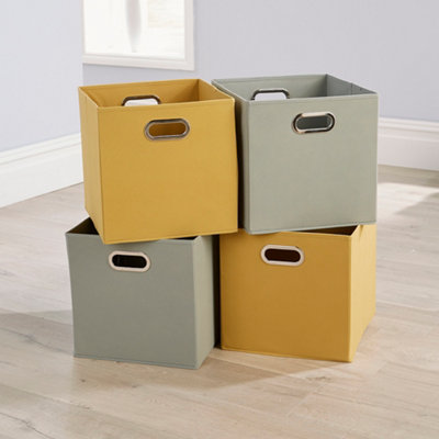 Home Source Large Fabric Cube Storage Box 4 Pack Oval Handle Grey and ...