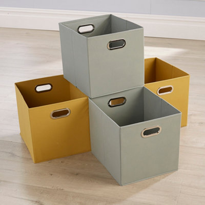 Home Source Large Fabric Cube Storage Box 4 Pack Oval Handle Grey and ...