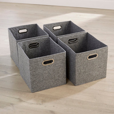 Home Source Large Fabric Cube Storage Box 4 Pack Oval Handle Grey Felt