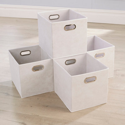 Home Source Large Fabric Cube Storage Box 4 Pack Oval Handle White