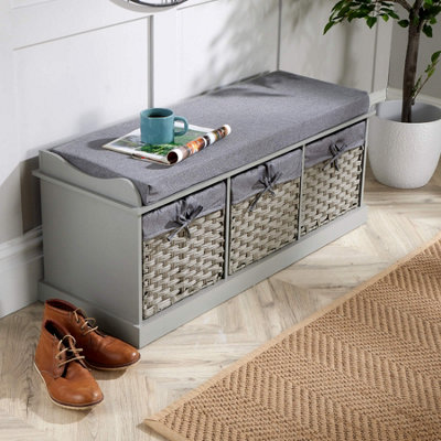 Home Source Malibu 3 Basket Drawer Hallway Shoe Storage Bench with ...