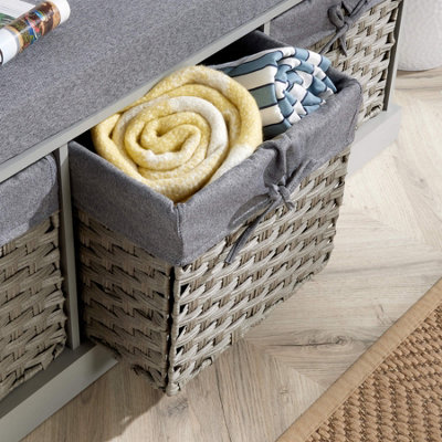 Home Source Malibu 3 Basket Drawer Hallway Shoe Storage Bench with Padded Seat Grey