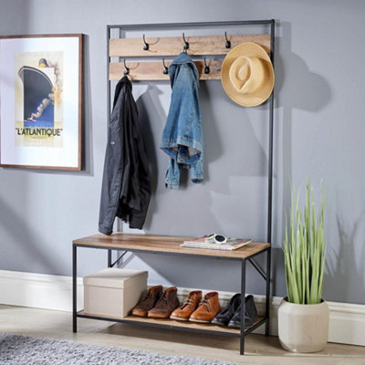 Home Source Oakmere Hallway Coat and Shoe Storage Bench Unit Weathered ...