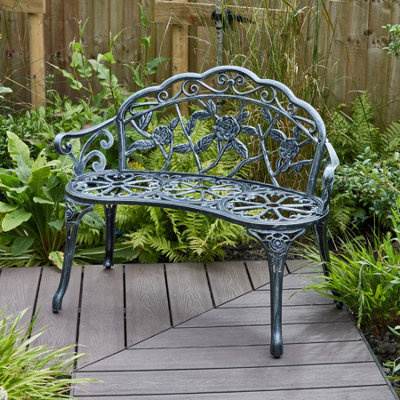 HOME SOURCE ORNATE ROSE DETAIL METAL OUTDOOR GARDEN BENCH GREY