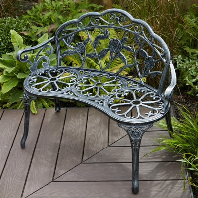 Home Source Ornate Rose Detail Metal Outdoor Garden Bench Grey
