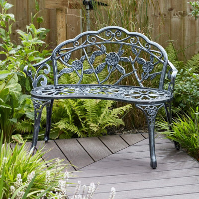 Home Source Rose Detail Outdoor Garden Bench Grey