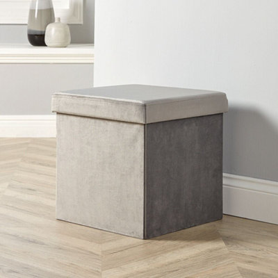 Home Source Sofia Velvet Square Folding Storage Ottoman Grey | DIY at B&Q