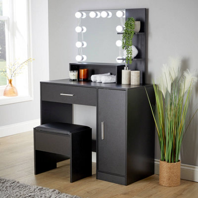 Home Source Sophia Black Dressing Table with Stool and LED Lights Mirror
