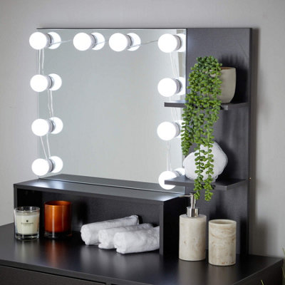Home Source Sophia Black Dressing Table with Stool and LED Lights Mirror