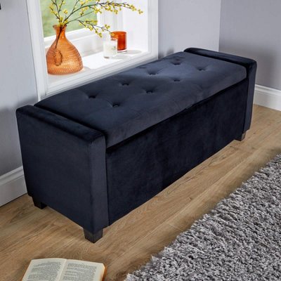 Home Source Verona Black Velvet Storage Box Ottoman