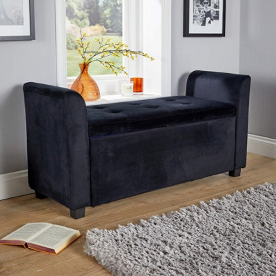 Home Source Verona Black Velvet Window Seat Storage Box Ottoman