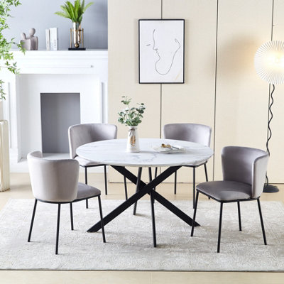 Home Touch Modern Marble Effect Round Dining Table, 120cm Kitchen Table ...