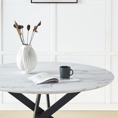 Home Touch Modern Marble Effect Round Dining Table, 120cm Kitchen Table ...