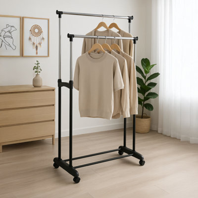 Home Vida Double Silver & Black Garment Rack on Wheels (H)1600mm (W ...