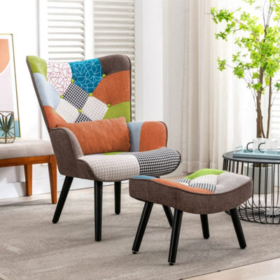 HomeMiYN Patchwork Fabric Single-Seater Sofa with Brown Cushion and ...