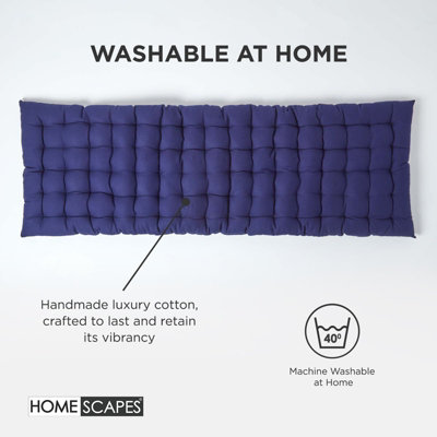 Homescapes 3 Seater Navy Bench Cushion With 100% Cotton Cover, 143 x 48 cm