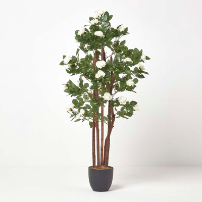 Homescapes Artificial White Handcrafted Potted Rose Tree with Green ...