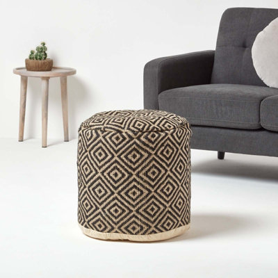 Homescapes Black and Cream Aztec Style Jute Footstool Beanbag Round 45 ...