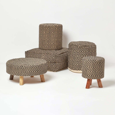 Homescapes Black and Cream Bean Cube Footstool with Aztec Pattern