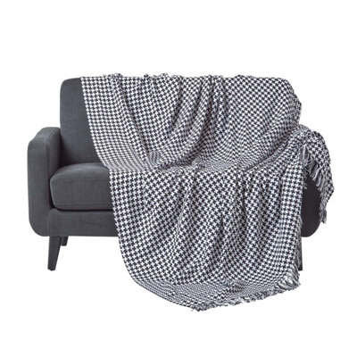 Homescapes Black Houndstooth 100% Cotton Bedspread Throw, 255cm x 360cm ...