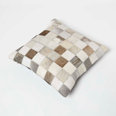Homescapes Block Check Grey Leather Cushion 45 x 45 cm