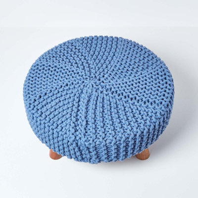 Homescapes Blue Large Round Cotton Knitted Footstool on Legs