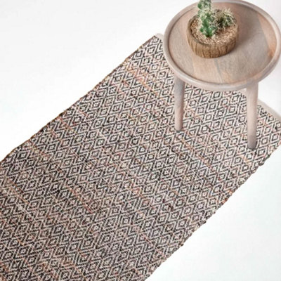 Homescapes Brown Real Leather Handwoven Diamond Pattern Rug, 66 x 200 ...