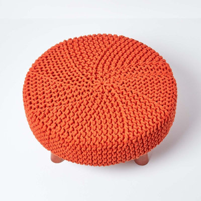 Homescapes Burnt Orange Large Round Cotton Knitted Footstool on Legs