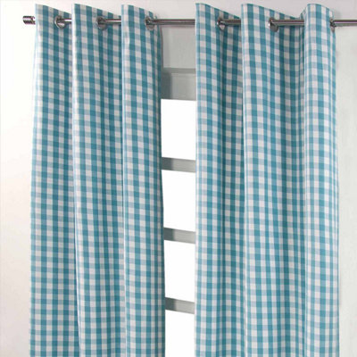 Homescapes Cotton Blue Block Check Gingham Eyelet Curtains 137 x 228 cm