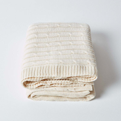 Homescapes Cotton Cable Knit Natural Throw, 150 x 200 cm