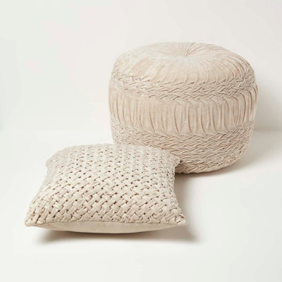 Homescapes Cream Velvet Pouffe, Sofia Pleated Ottoman Footstool, Soft ...