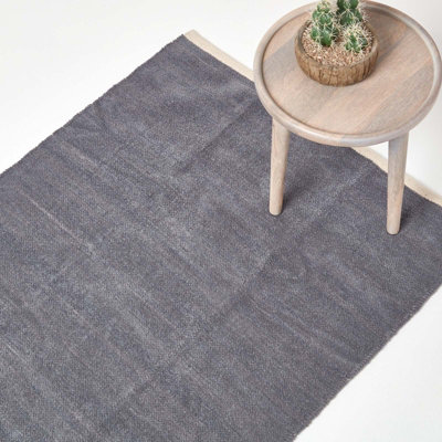 Homescapes Dark Grey 100% Cotton Plain Chenille Rug with Natural Trim ...