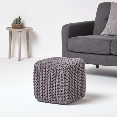 Homescapes Dark Grey Cube Cotton Knitted Pouffe Footstool