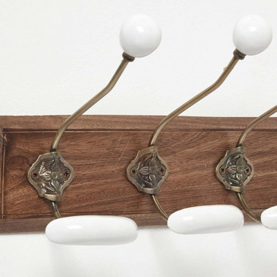 Homescapes Decorative Brass & White Wall Mounted Coat Hook Rack