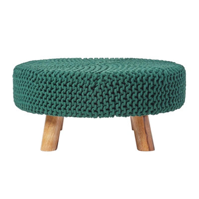 Homescapes Forest Green Large Round Cotton Knitted Footstool on Legs