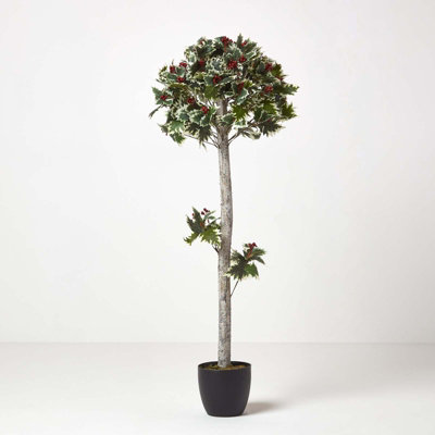 Homescapes Green 4 ft Holly Ball Artificial Tree with Red Berries and Frosted Trunk