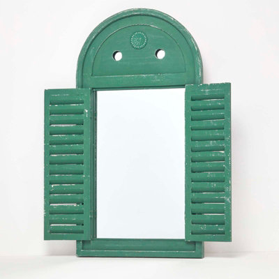 Homescapes Green Distressed Style Outdoor Garden Mirror with Shutters ...