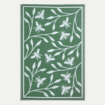 Homescapes Green Floral Outdoor Rug with Bumble Bee Design, 182 x 122 ...